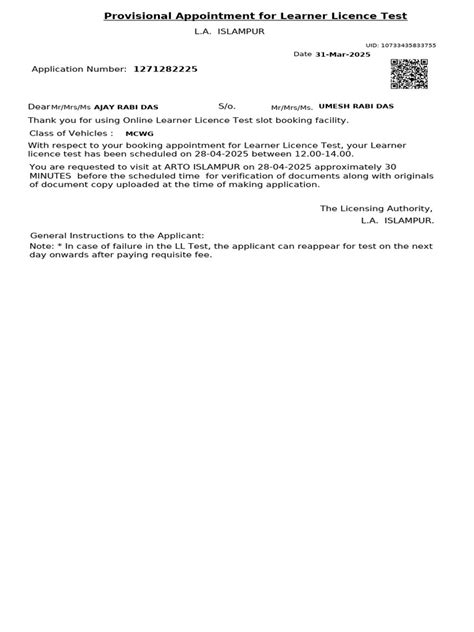 Provisional Appointment For Learner Licence Test Pdf