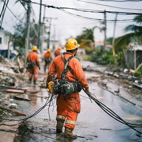 Disaster Response Teams Restoring Communication Lines After A Major Storm Using Satellite Phones