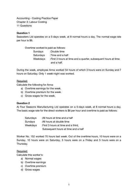 Costing Chapter 3 Questions Accounting Costing Practice Paper Chapter 3 Labour Costing