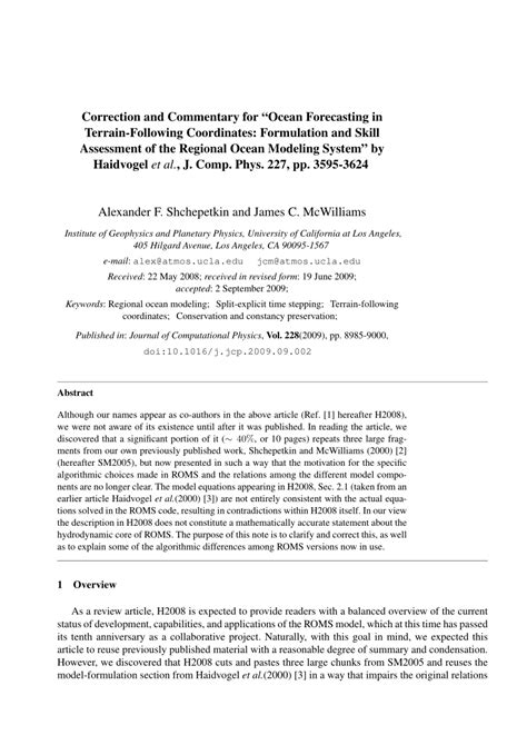 Pdf Correction And Commentary For “ocean Forecasting In Terrain Following Coordinates