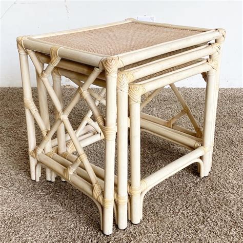 Boho Chic Bamboo Rattan Chippendale Style Nesting Tables Set Of 3 For Sale At 1stdibs