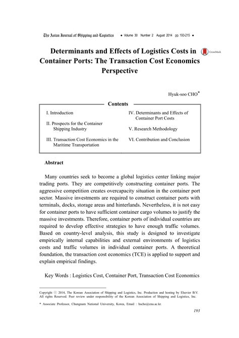 PDF Determinants And Effects Of Logistics Costs In Container Ports The Transaction Cost