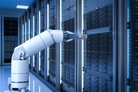 Premium Photo Automation Server Room With 3d Rendering Robot Arm