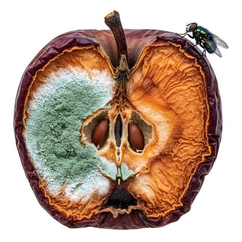 Rotting Apple Half Covered In Mold With A Fly On Top Stock