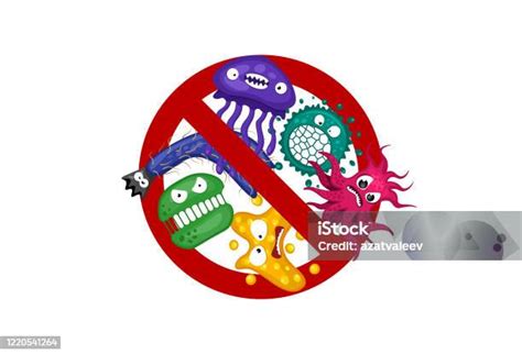바이러스 표시 확산을 중지합니다 만화 세균 문자 격리 벡터 Eps 흰색 배경에 그림 귀여운 플라이 박테리아 감염 문자입니다 미생물 바이러스 및 질병 보호 개념 가공의 인물에