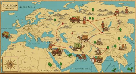 Illustrated Map Of The Ancient Silk Road Trade Route Spanning Asia The