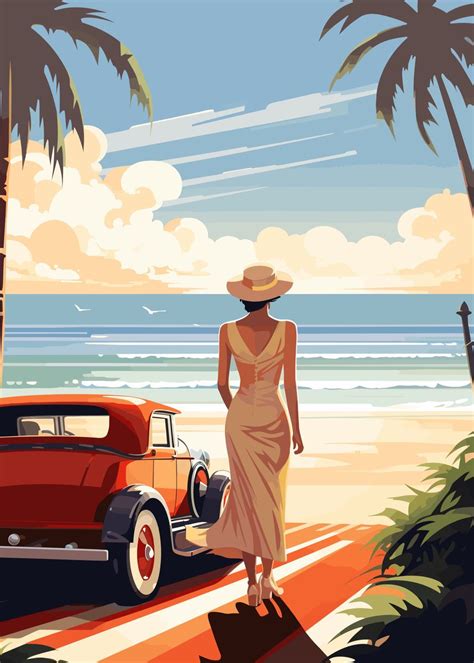 Art Deco Beach Vacation Poster Picture Metal Print Paint By