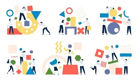 Premium Vector People Collect Colorful Geometric Shapes Team Building And Organize Management
