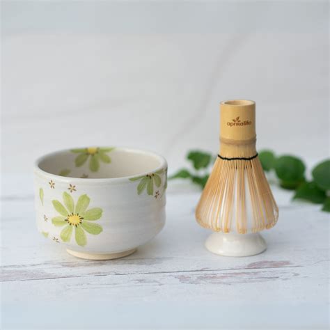Green Flowers Clay Matcha Bowl And Optional Set Bowl Bowls Bamboo