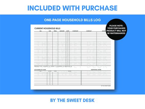 Excel Template Bills List Bills Log Excel Bill Tracker Bill Contact List Bill Organizer