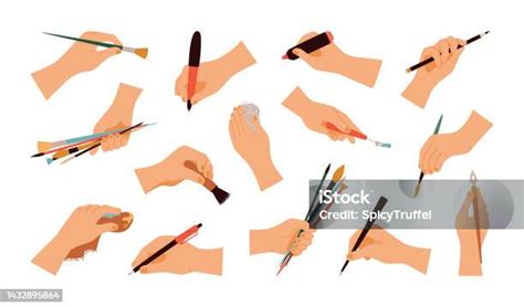 문구류를 들고 있는 손 페인트 브러시와 팔레트 그리고 씁니다 화가의 팔 세트 아티스트 아트워크 손가락에 페인트 브러시와 마커 펜은 장비를 공급합니다 벡터 낙서 일러스트 레이