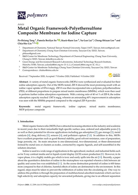 Pdf Metal Organic Framework Polyethersulfone Composite Membrane For Iodine Capture