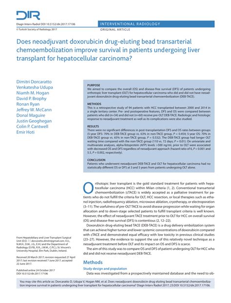 Pdf Does Neoadjuvant Doxorubicin Drug Eluting Bead Transarterial Chemoembolization Improve