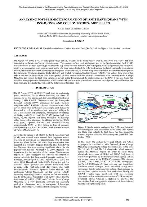 Pdf Analysing Post Seismic Deformation Of Izmit Earthquake With Insar Gnss And Coulomb Stress