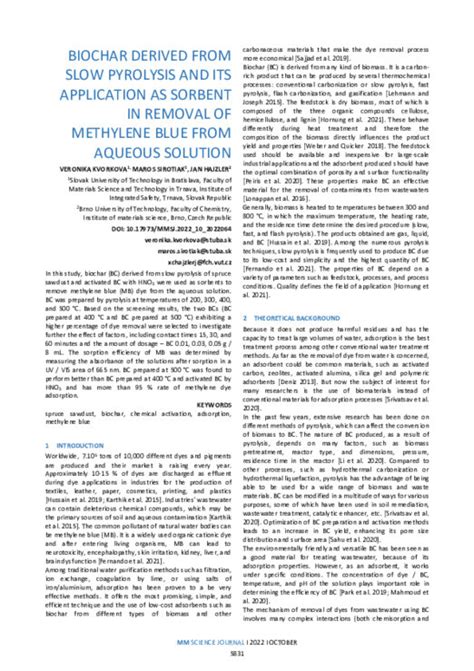 Biochar Derived From Slow Pyrolysis And Its Application As Sorbent In Removal Of Methylene Blue