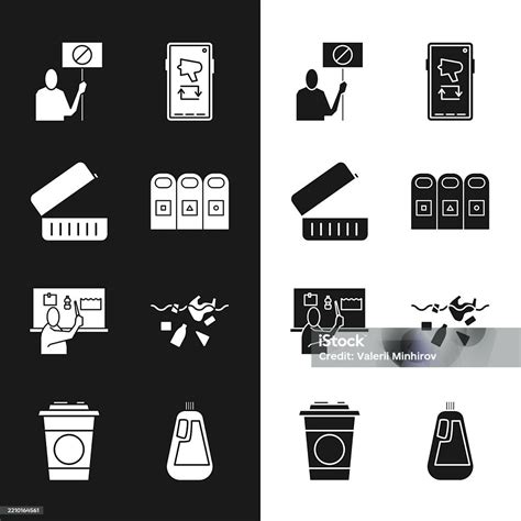 쓰레기통에 쓰레기를 분류하여 쓰레기를 놓고 도시락 자연 구호 시위 모바일 확성기 플라스틱 오염 중지 지구 문제 식기 세척액 병 및 종이 유리 아이콘 벡터 검은색에 대한 스톡