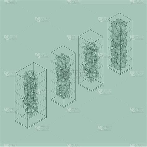 有机的、参数化的、曲线的三维形状、形式、体积和几何图形的建筑图数字图像实验绘制。探索未来主义的摩天大