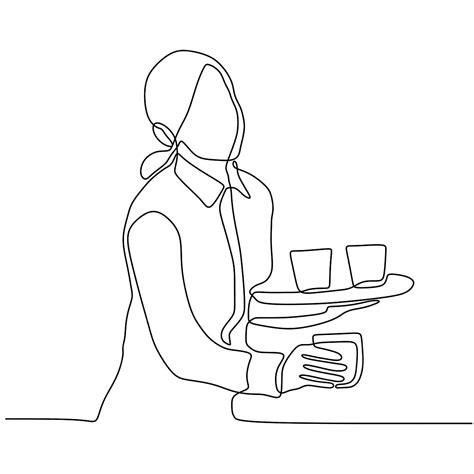 Waitress Holding A Serving Tray Continuous One Line Drawing Character