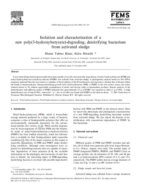 Pdf Isolation And Characterization Of A New Poly3 Hydroxybutyrate Degrading Denitrifying