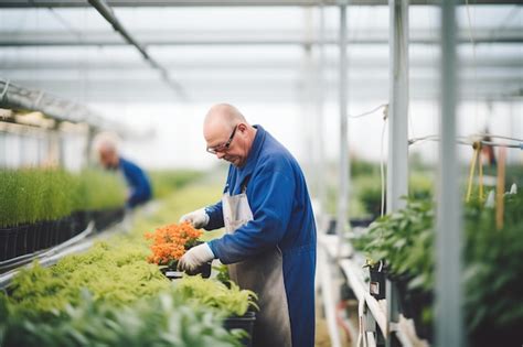 Premium Photo Worker Pruning Plants In A Busy Commercial Greenhouse