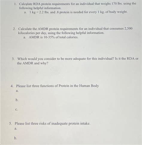 Solved Calculate RDA Protein Requirements For An Individual Chegg Com