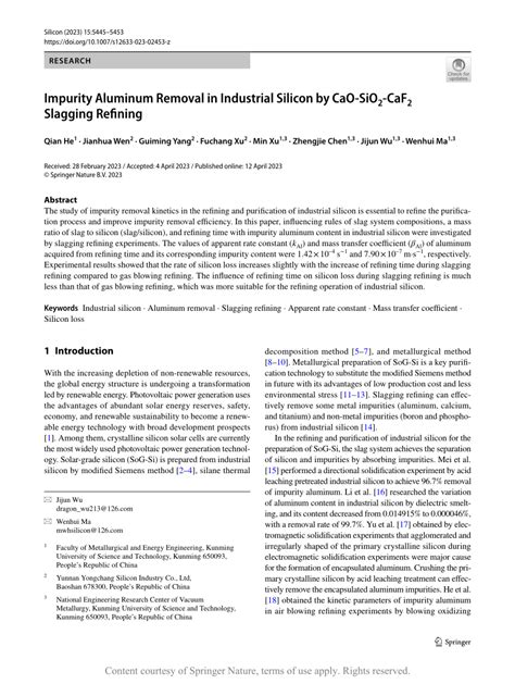 Impurity Aluminum Removal In Industrial Silicon By Cao Sio2 Caf2