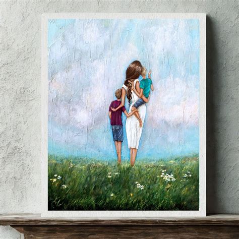 Mothers Love Art Print With Two Sons Brunette Mom Etsy