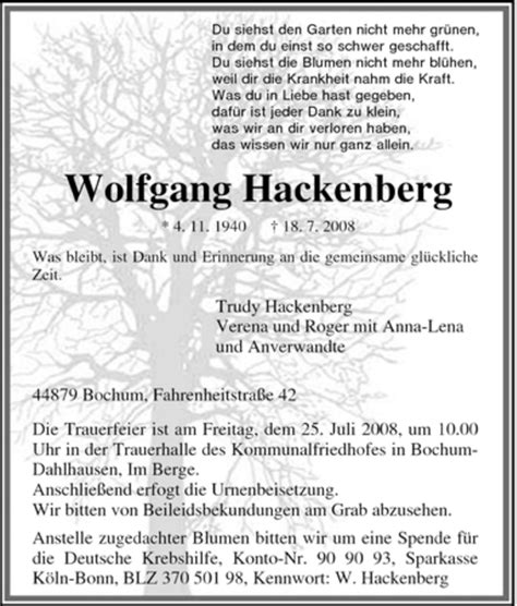 Traueranzeigen Von Wolfgang Hackenberg Trauer In Nrw De