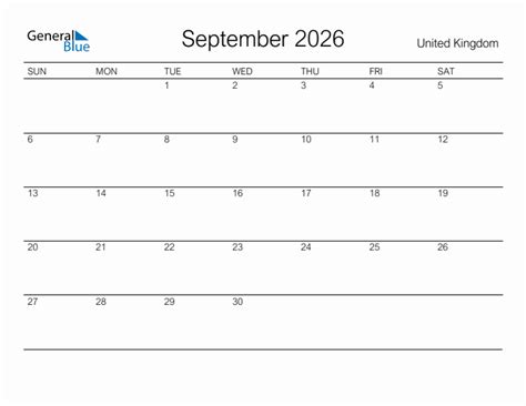 September 2026 Monthly Calendars With United Kingdom Holidays