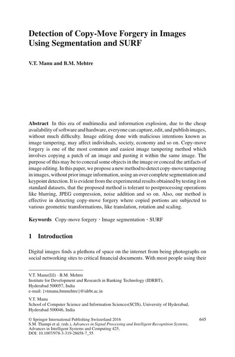 Pdf Detection Of Copy Move Forgery In Images Using Segmentation And Surf