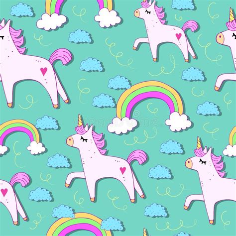 Vector Cute Seamless Pattern With Unicorns Rainbows And Clouds Stock