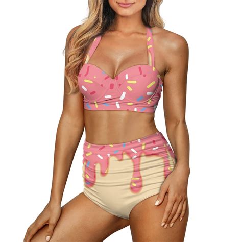 Yuyamidu Pink Bikini Set Of 2 Ice Cream High Neck Halter Top And Bottom