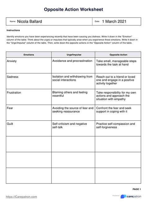 Opposite Action Dbt Worksheet And Example Free Pdf Download