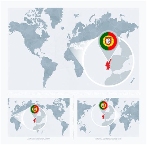 세계지도 위에 포르투갈을 확대 포르투갈의 국기와 지도가 있는 세계 지도 3가지 버전 프리미엄 벡터