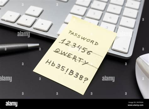 Strong And Weak Easy Password Written On Yellow Sticky Note Lying On Computer Keyboard Stock