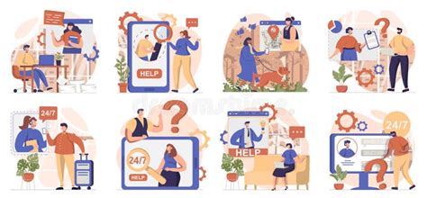 Virtual Assistant Collection Of Scenes Isolated People Call And Send