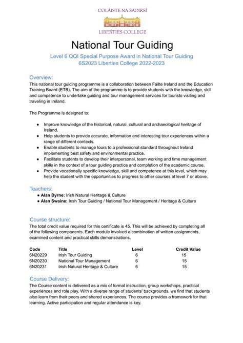 National Tour Guiding Course Outline And Introduction Pdf
