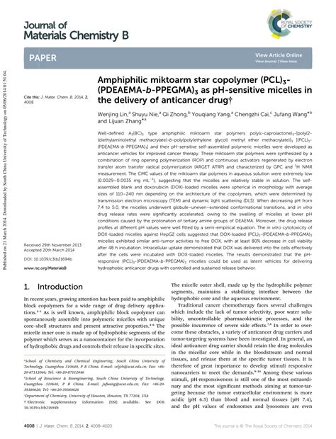 Pdf Amphiphilic Miktoarm Star Copolymer Pcl 3 Pdeaema B Ppegma 3 As Ph Sensitive Micelles In