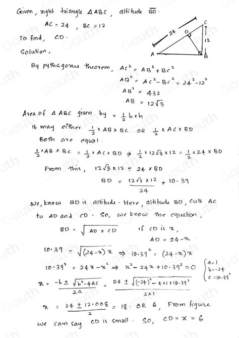Solved 10 The Diagram Below Shows Right Triangle Abc With Altitude Overline Bd Drawn If Ac 24