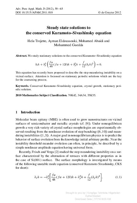 Pdf Steady State Solutions To The Conserved Kuramoto Sivashinsky Equation