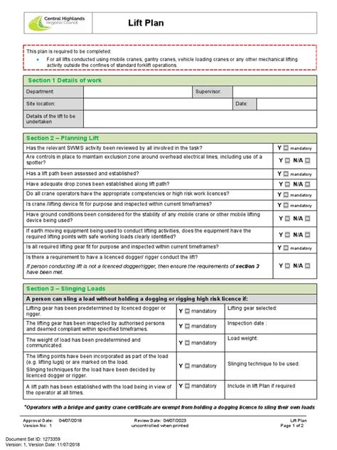Lift Plan Permit Form Pdf Crane Machine
