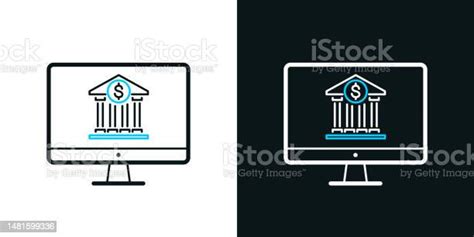 은행이 있는 데스크톱 컴퓨터 검정 또는 흰색 배경에 바이 컬러 라인 아이콘 편집 가능한 획 개념에 대한 스톡 벡터 아트 및 기타 이미지 Istock
