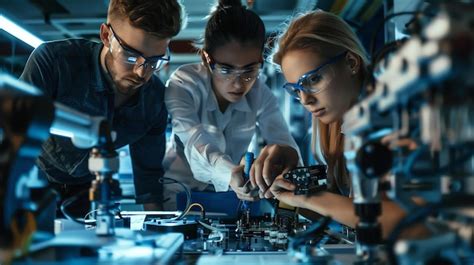 Premium Photo Three Young Engineers In Safety Glasses Work On An Electronic Circuit Board In A