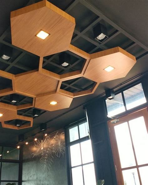 Wooden Hexagonal Ceiling With Hanging Lights