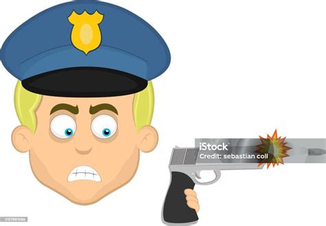 벡터 일러스트 레이 션 머리 금발의 남자 만화 경찰관 촬영 총화 팔 권총 경찰 배지에 대한 스톡 벡터 아트 및 기타 이미지 경찰 배지 경찰 제복 경찰관 Istock