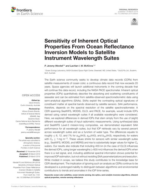 Pdf Sensitivity Of Inherent Optical Properties From Ocean Reflectance Inversion Models To