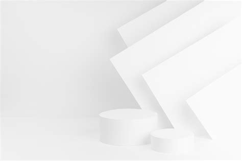 부드러운 빛 줄무늬가 있는 우아한 기하학적 스타일의 두 실린더 연단 모형 광고 디자인 프레젠테이션 화장품 복사 공간을 위한 장면 템플릿이 있는 추상적인 흰색 무대