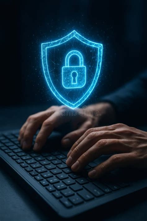 Cybersecurity On Display A Person Types On A Keyboard While A Digital Lock And Shield Hovers