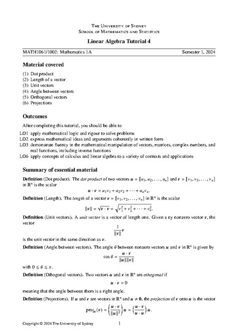 linear algebra tutorial 4 the university of sydney school of