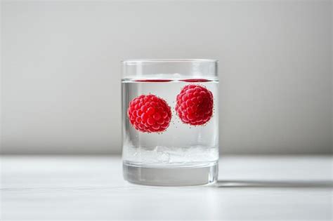 Minimalist Raspberry Water Glass Setup With A Single Raspberry Floating White Background